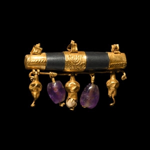 Roman Gold Bar Pendant with Menorah and Bead Drops | Barnebys